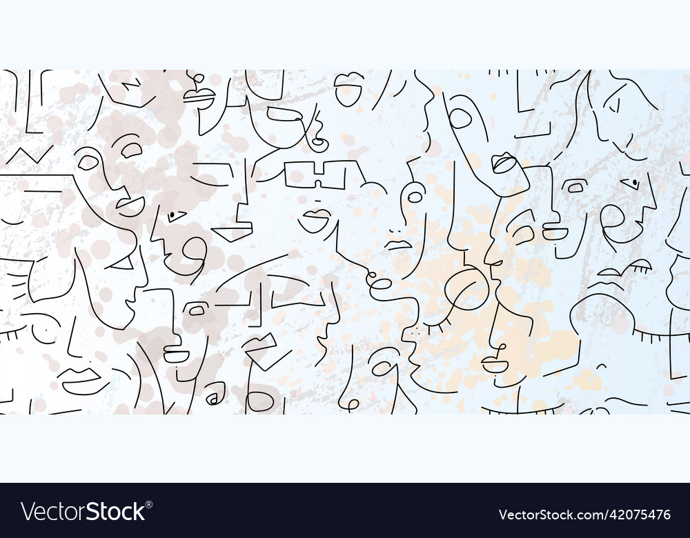 One Line Drawing Abstract Face Seamless Pattern Vector Image