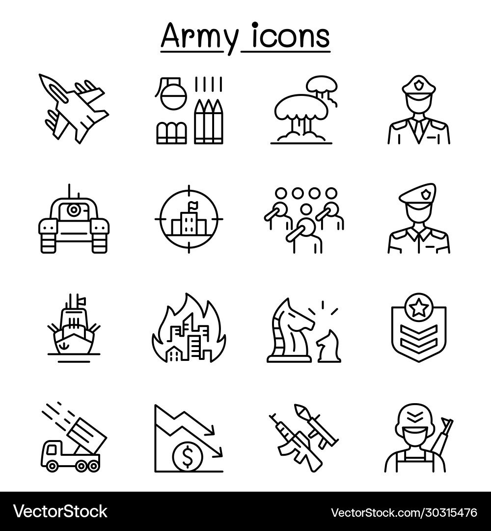 War army icons set in thin line style Royalty Free Vector