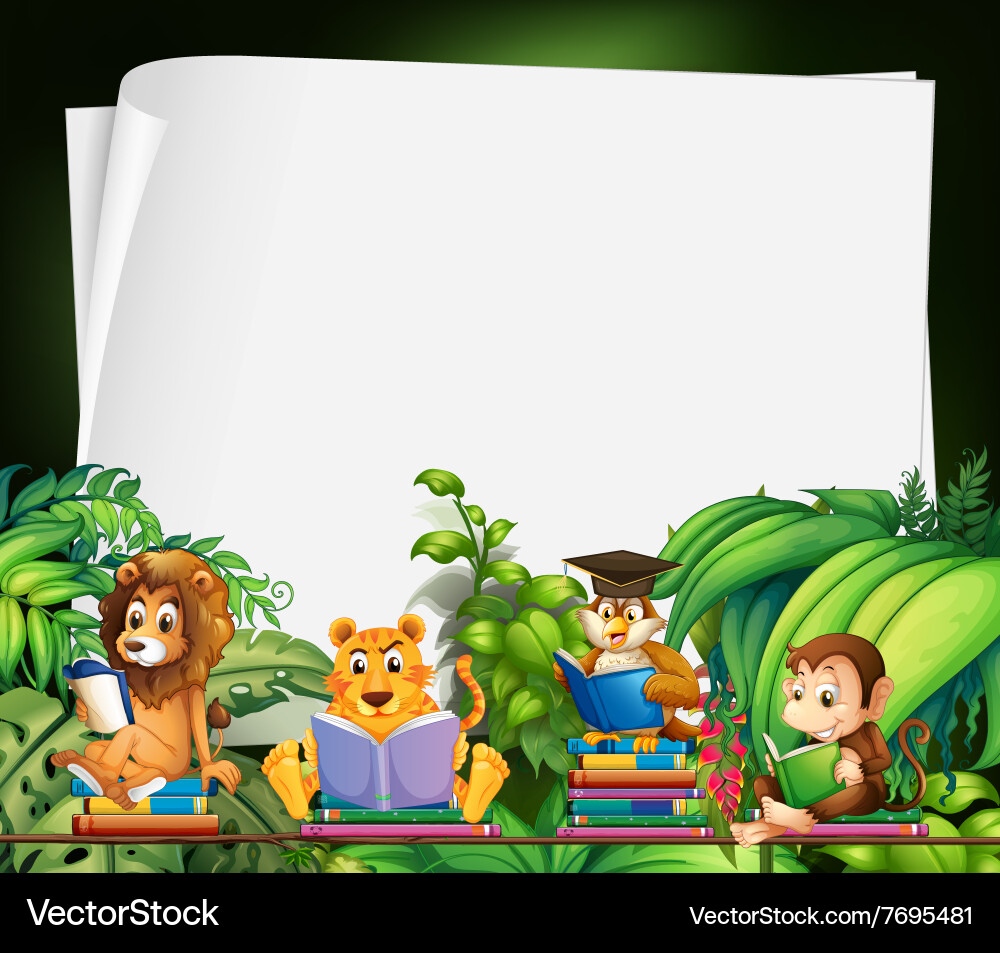 Border design with wild animals reading books Vector Image