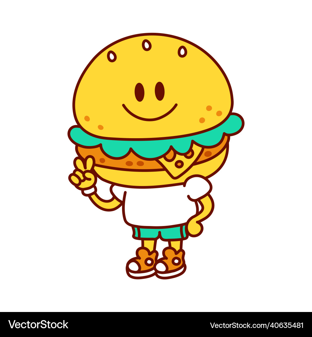 Cute funny happy burger show peace gesture Vector Image