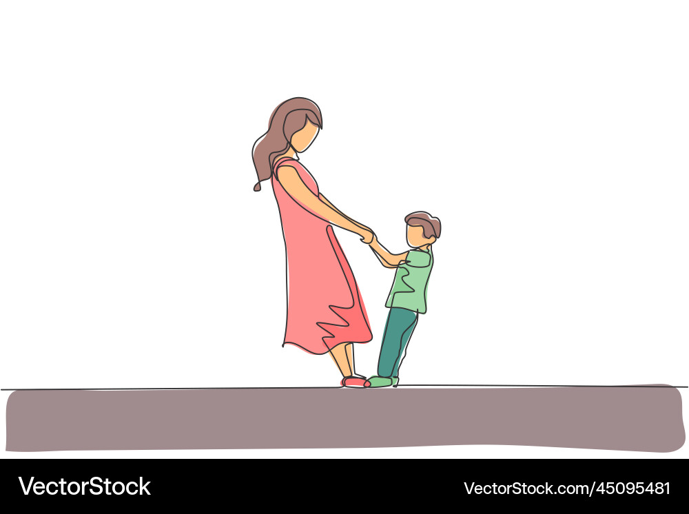 One single line drawing young happy mom and her Vector Image