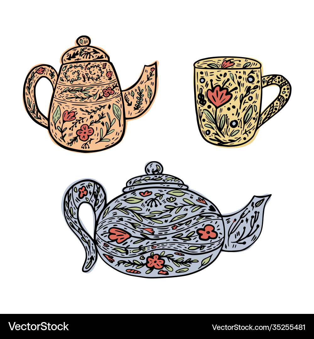 Set kettles isolated on white background hand Vector Image