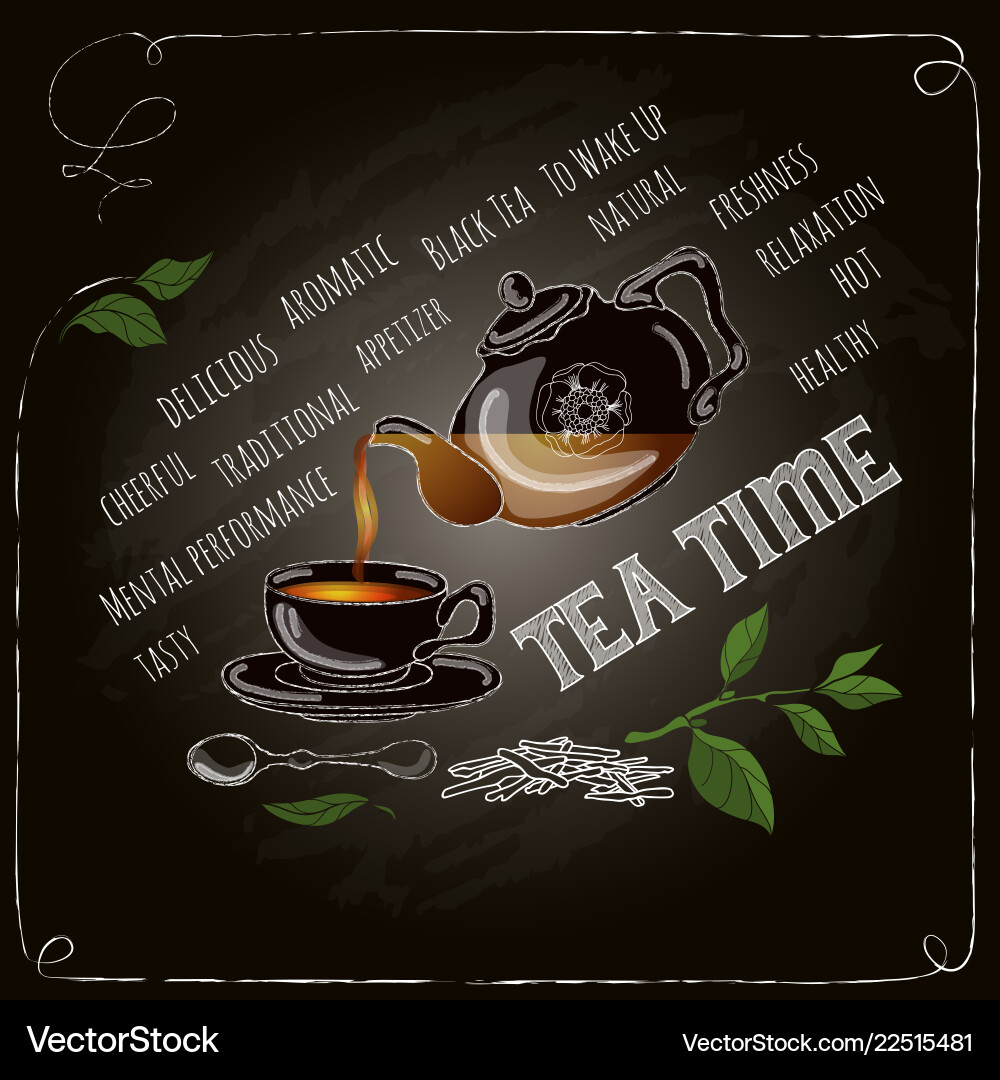 Tea time card with cup and teapot Royalty Free Vector Image