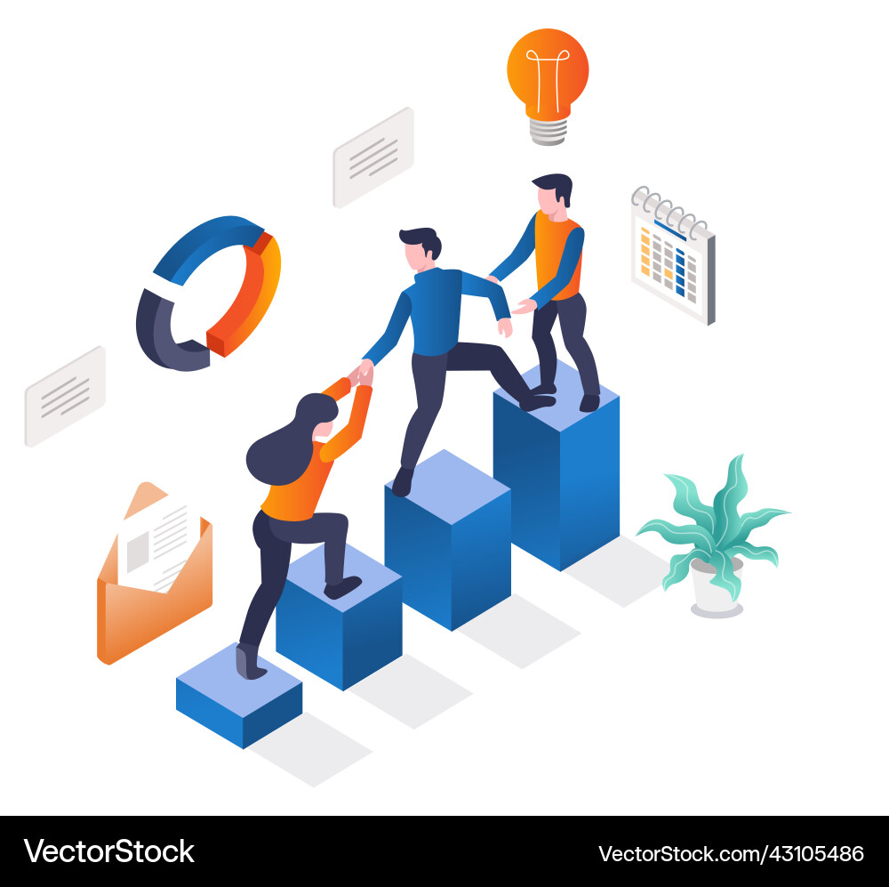 Isometric concept of a team working together Vector Image