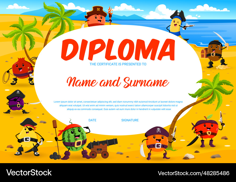 Kids diploma certificate fruit pirates characters Vector Image
