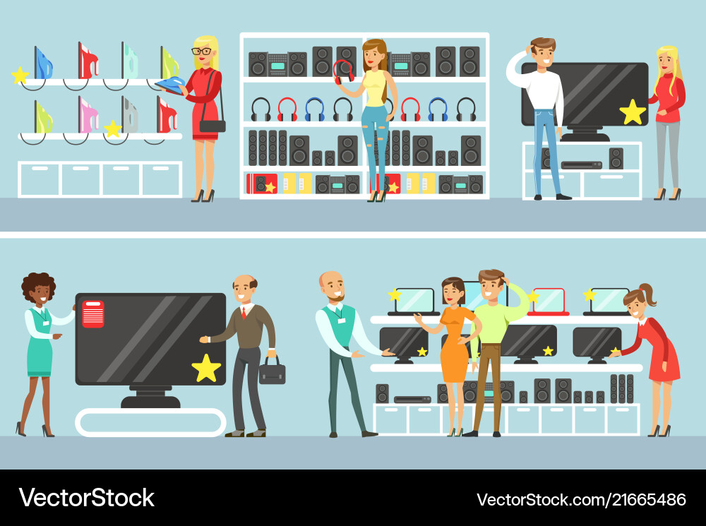 Smiling people in electronic store shopping Vector Image