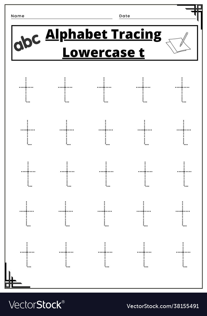 Alphabet tracing lower case t worksheet Royalty Free Vector