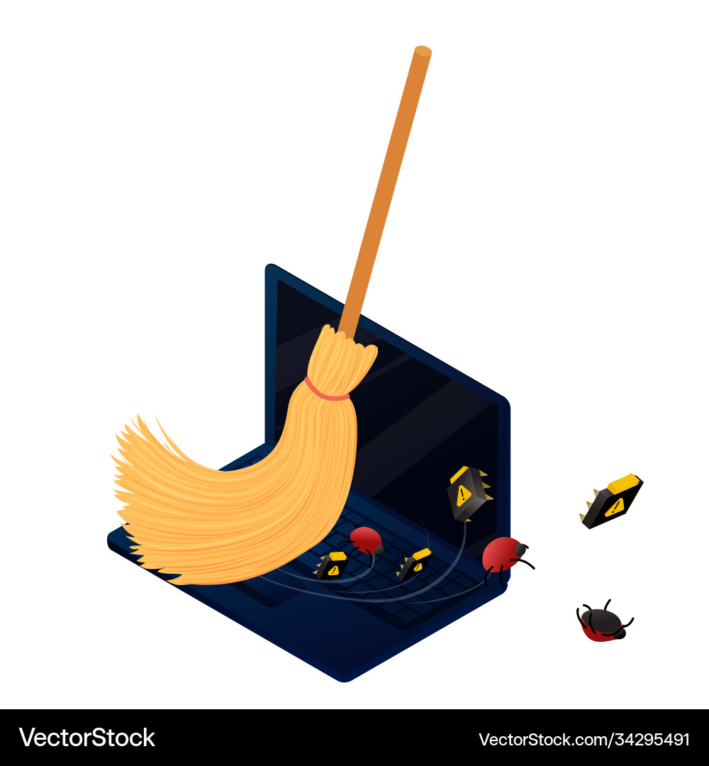 Broom cleaning laptop from bugs and viruses Vector Image
