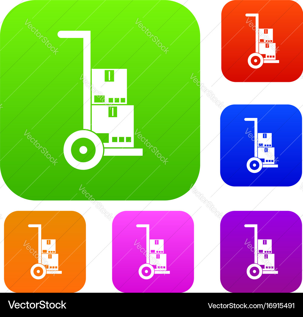 Hand cart with cardboards set collection Vector Image