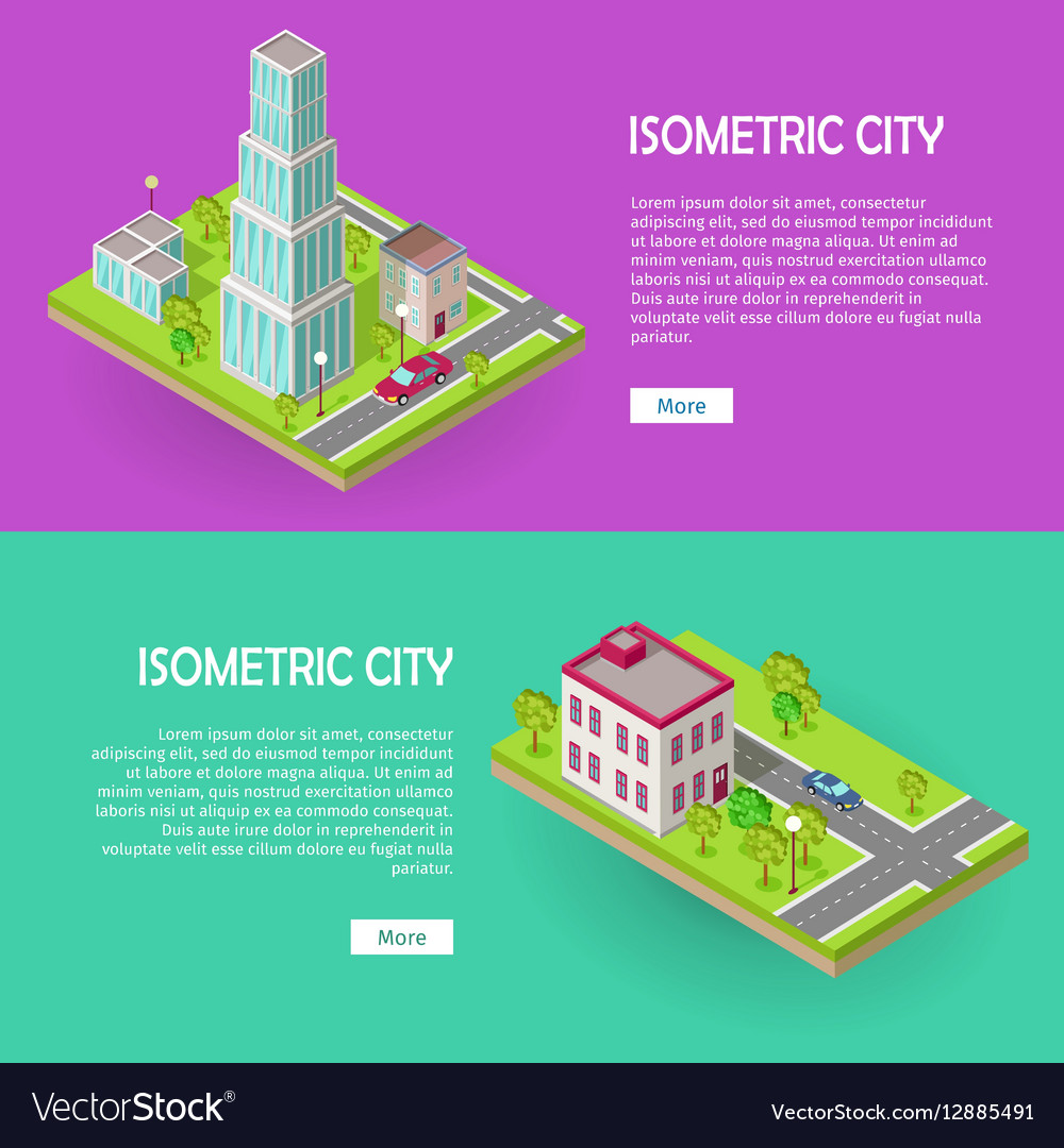 Isometric City Buildings Web Banners Set Vector Image