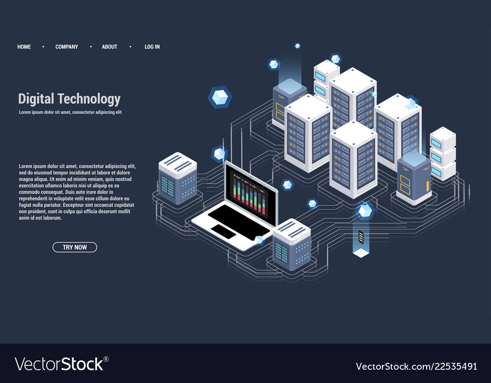 Isometric server room and big data processing Vector Image Isometric server room and big data processing Vector Image