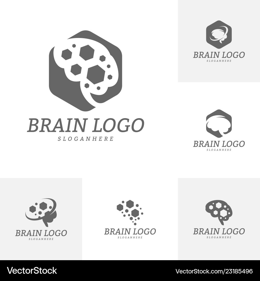 Set of brain with hexagon logo template Royalty Free Vector