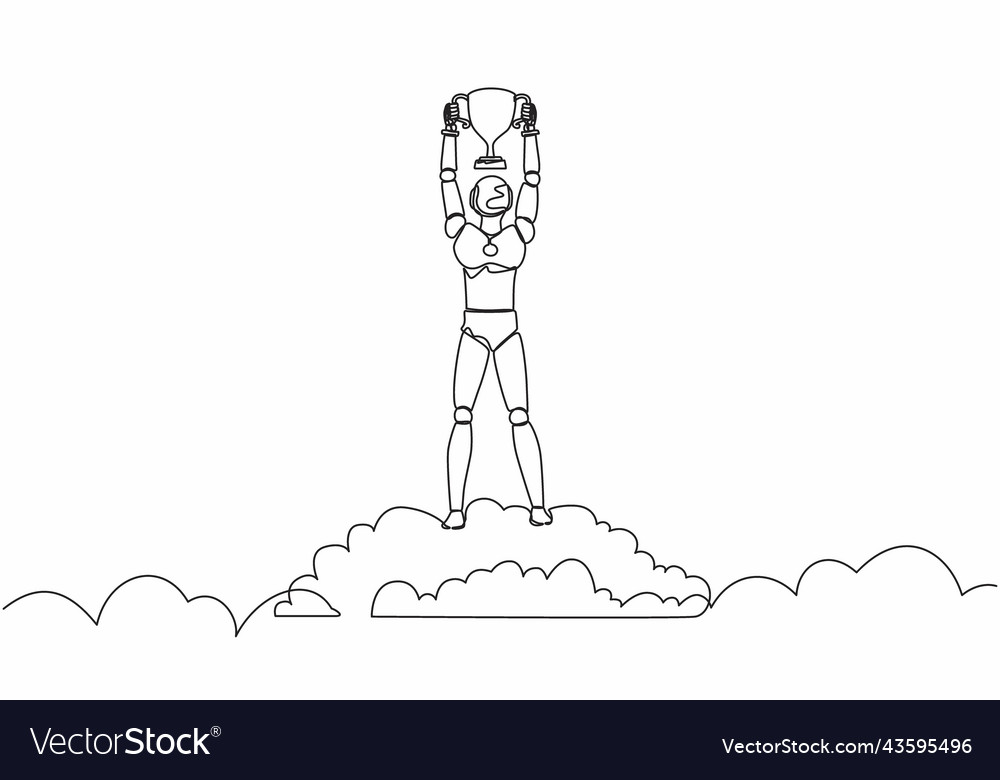 Single continuous line drawing robot holding Vector Image