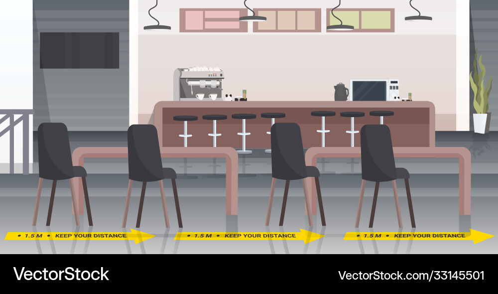Cafe with signs for social distancing coronavirus Vector Image