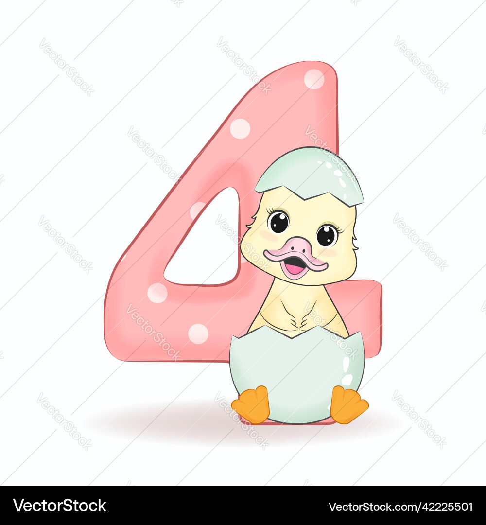 Cute little duck with alphabet number 4 Royalty Free Vector