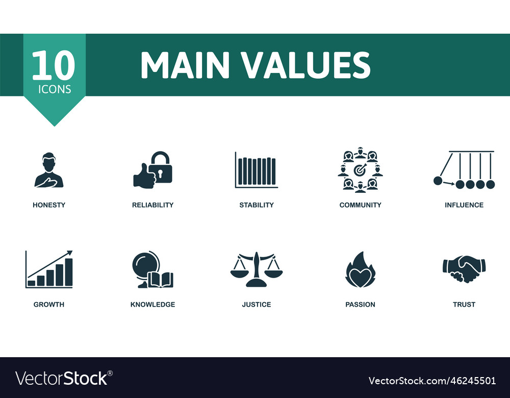 Main values set creative icons honesty Royalty Free Vector