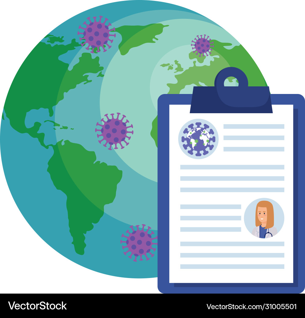 World planet with particles covid 19 and clipboard
