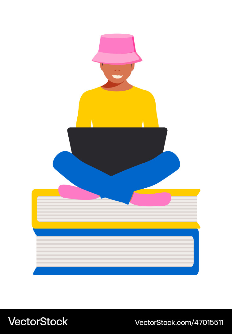 A modern student sits with laptop on books Vector Image