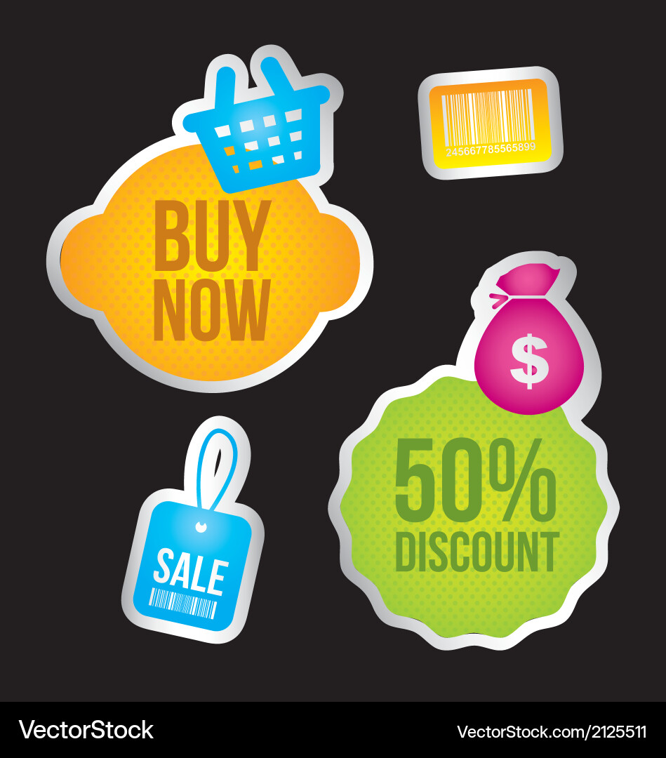 Buy icons over labels black background Royalty Free Vector