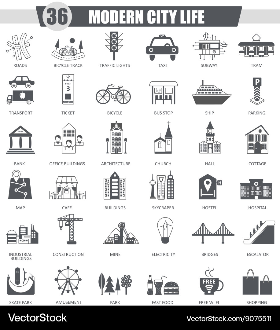 Modern city black icon set dark grey Royalty Free Vector