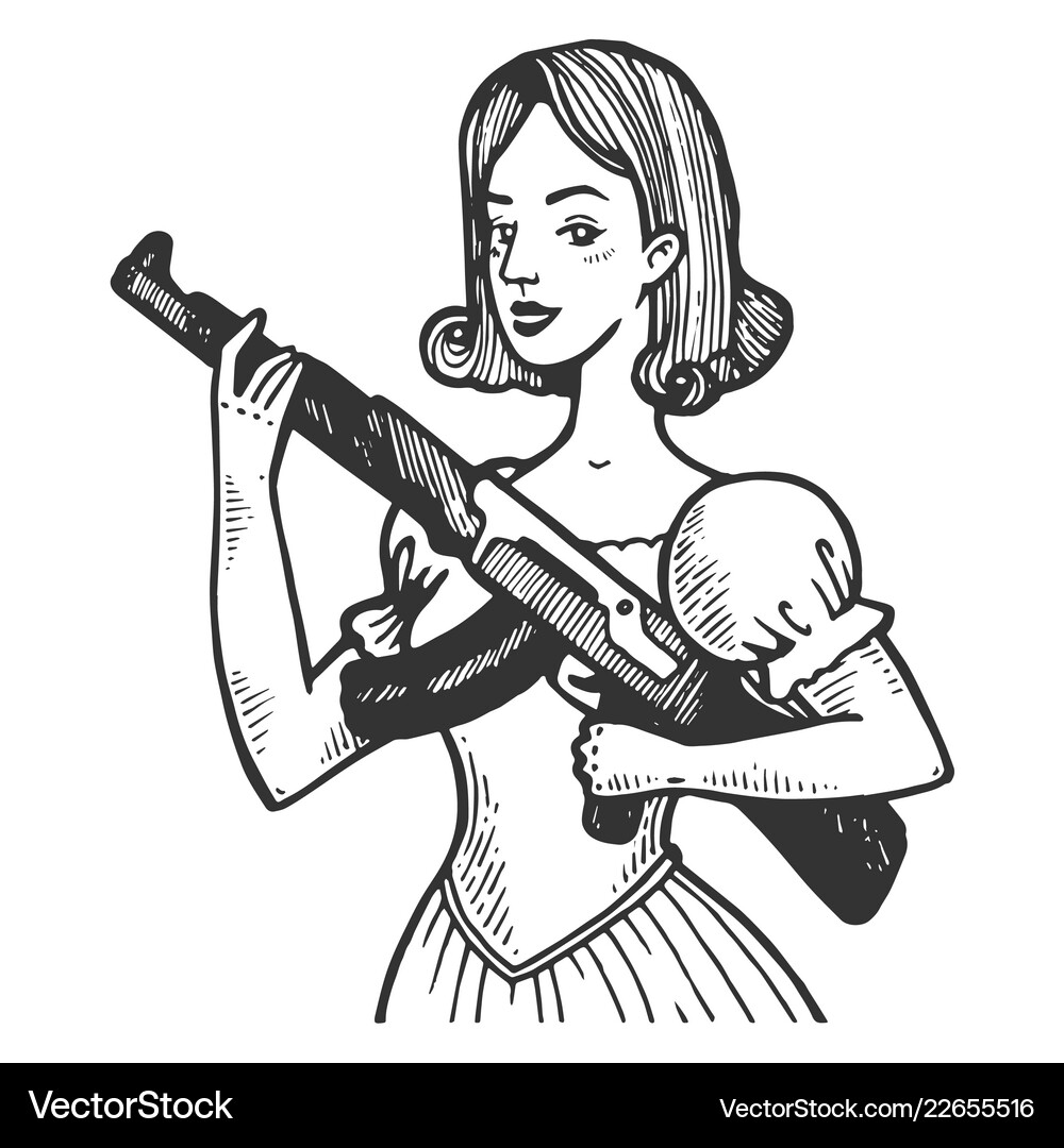 Woman with automatic gun engraving Royalty Free Vector Image