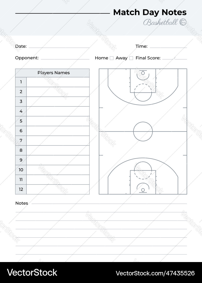 Matchday notes log with basketball field diagram Vector Image