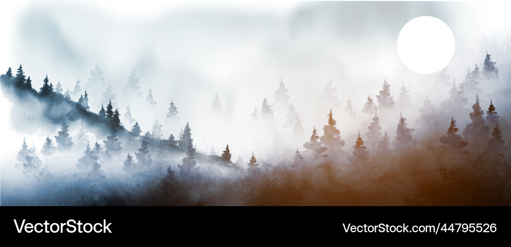 Misty forest mountains landscape traditional Vector Image