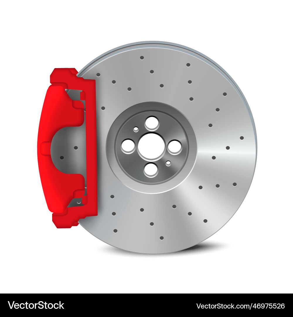 Realistic 3d auto brake disc and red caliper Vector Image