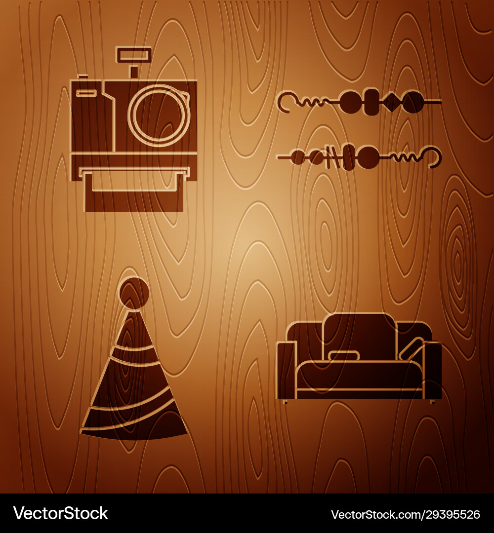 Set sofa photo camera party hat and grilled Vector Image