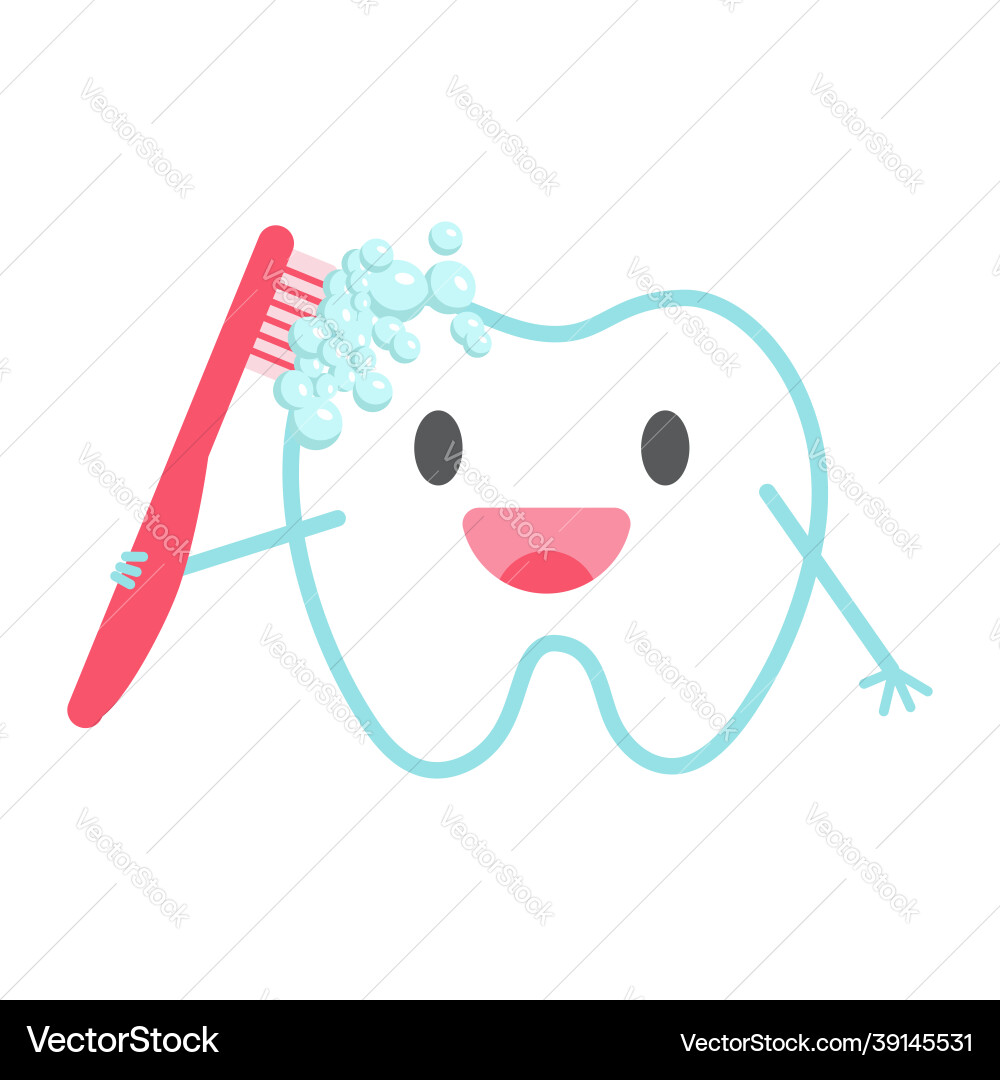 Funny cartoon tooth brushing itself with big red Vector Image