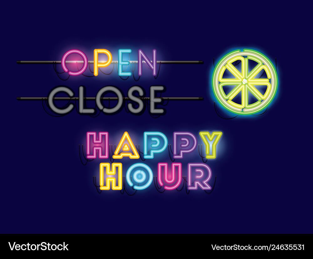 Happy hour with half lemon fonts neon lights Vector Image