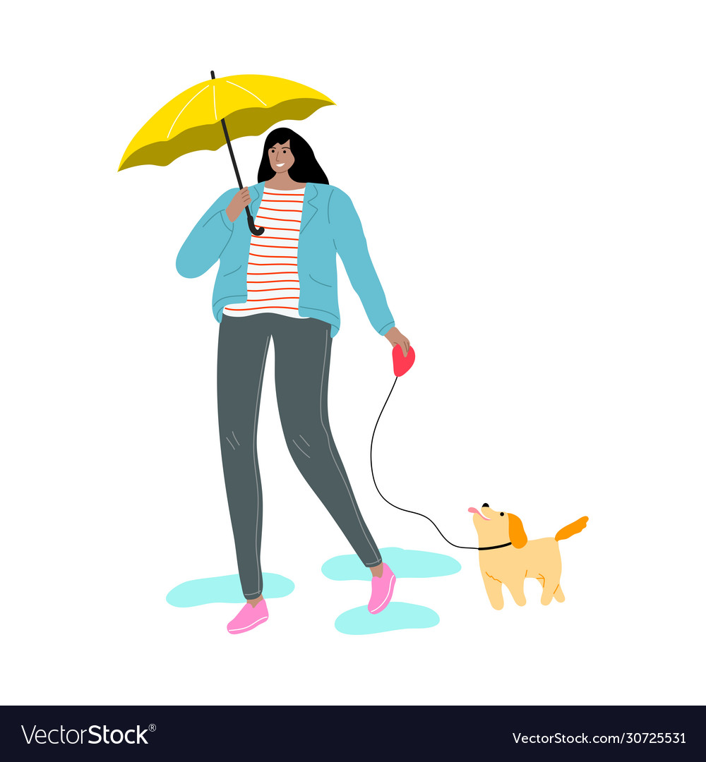Smiling girl with umbrella walking her dog Vector Image