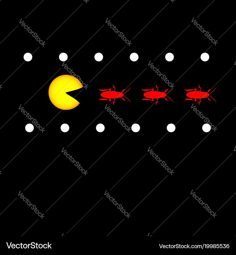 Hungry pacman and cockroaches for Royalty Free Vector Image