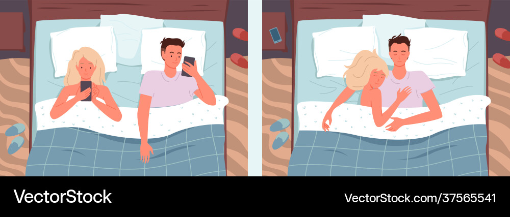 Couple people sleeping poses in bed Royalty Free Vector