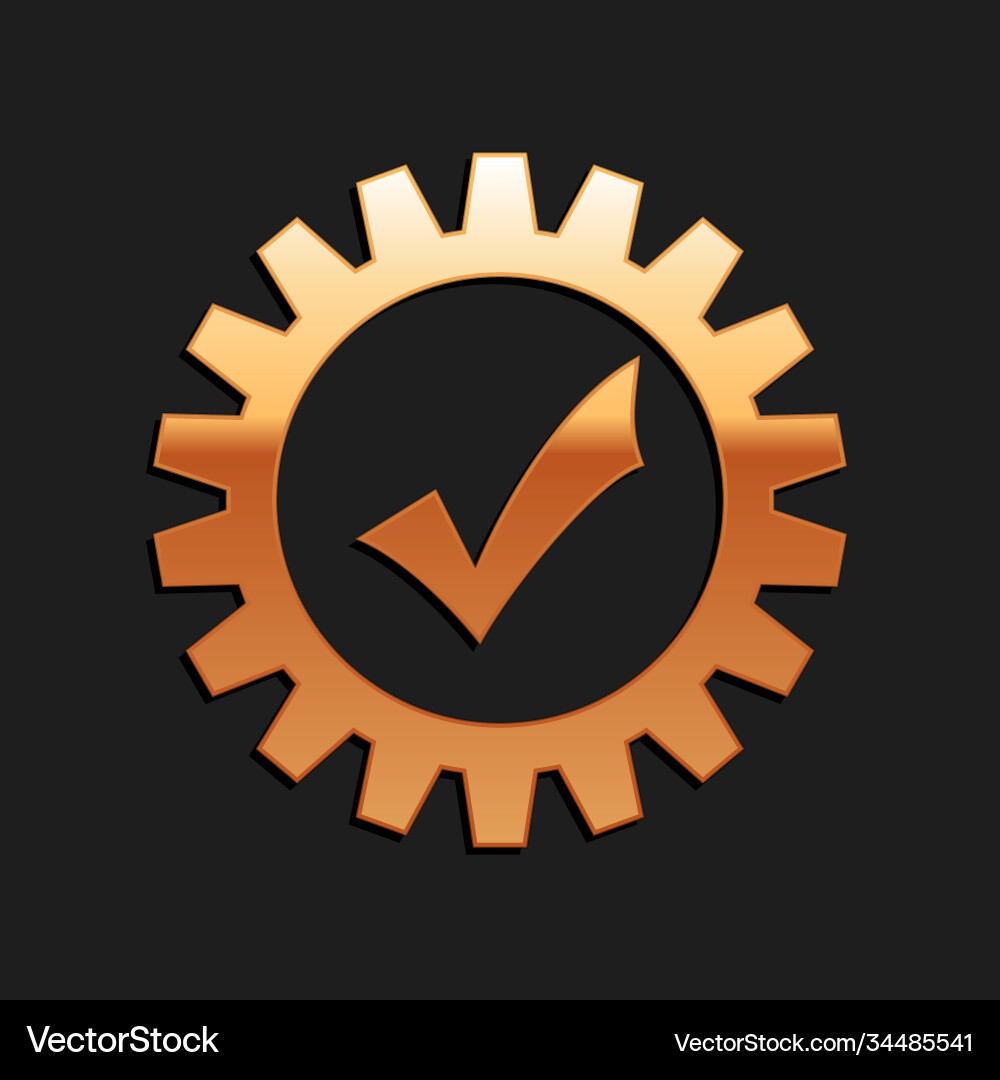 Gold gear with check mark icon isolated on black Vector Image