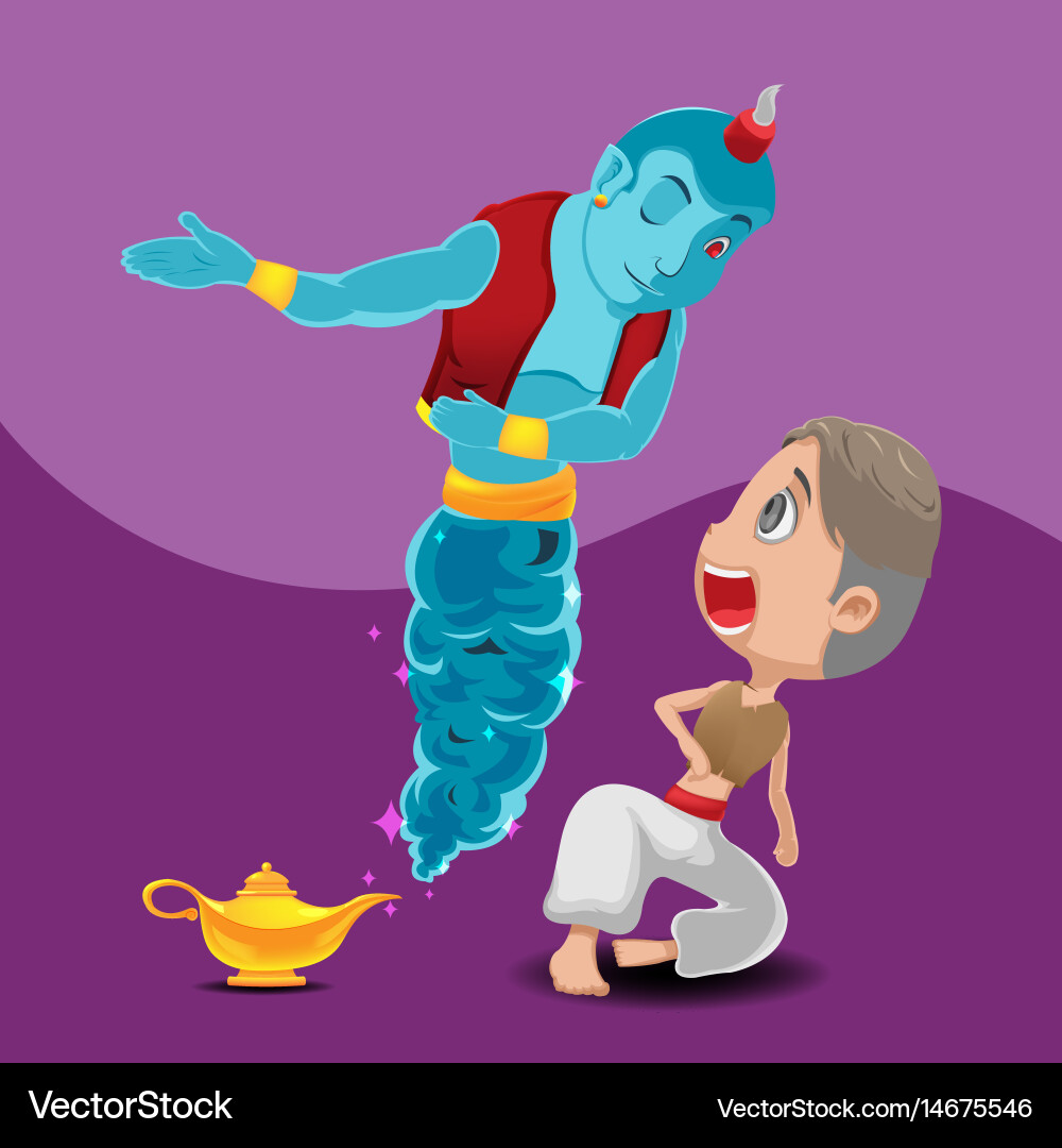 Blue giant genie yellow lamp Royalty Free Vector Image