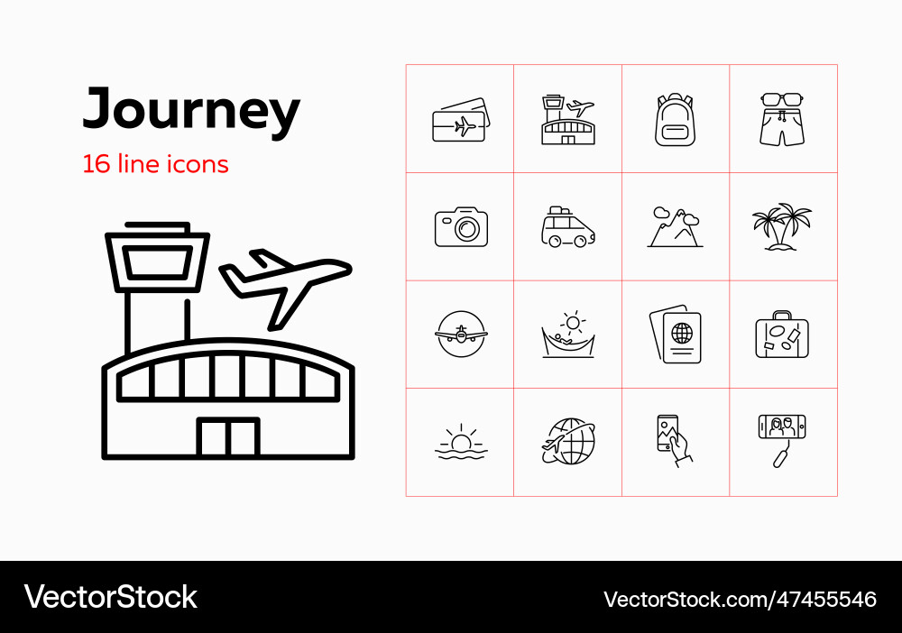 Journey line icon set airport flight ticket Vector Image