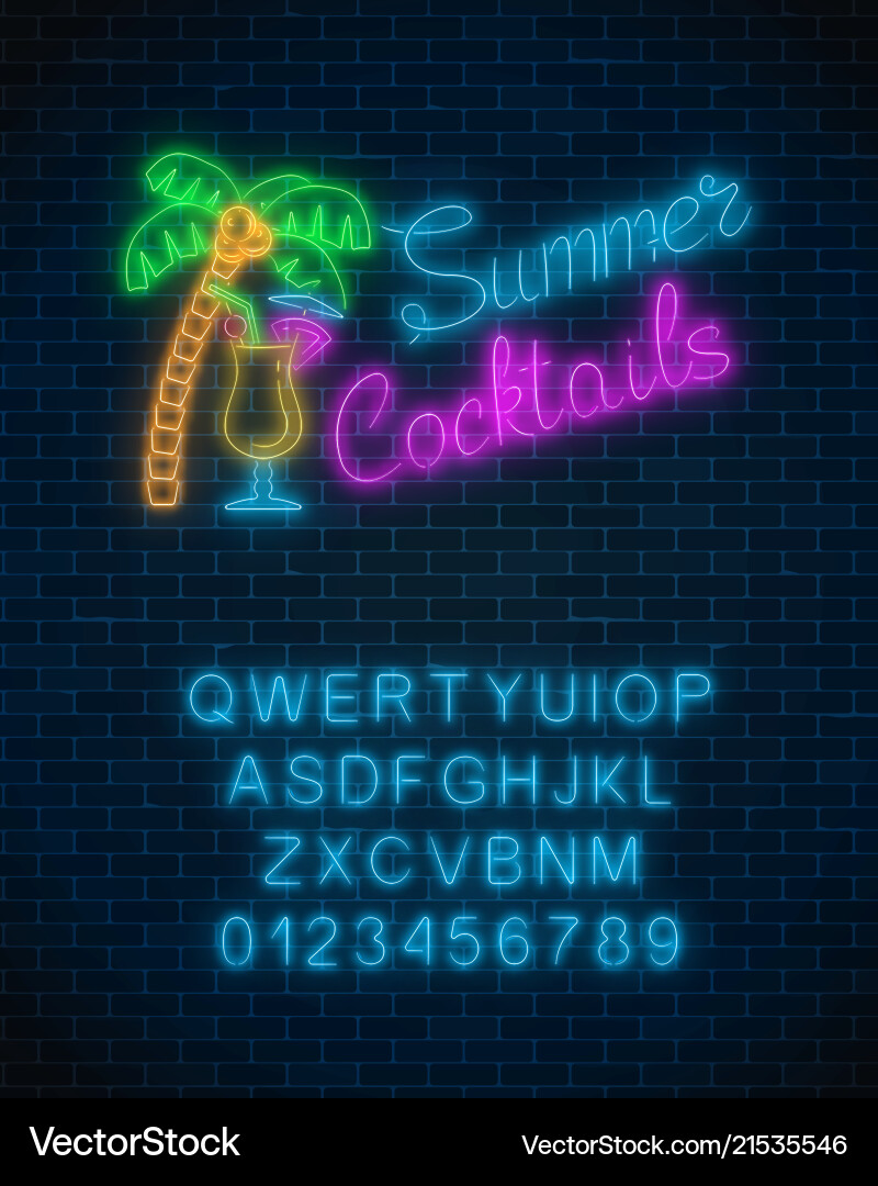 Neon summer cocktail bar sign with alphabet Vector Image