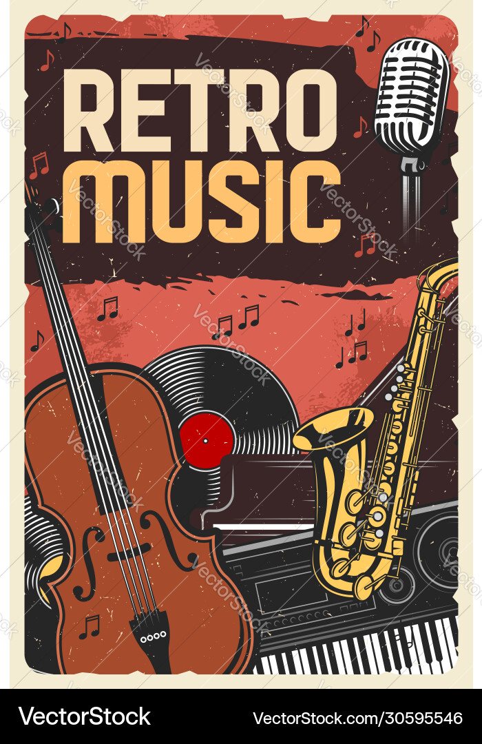 Retro music poster instruments and vinyl Vector Image