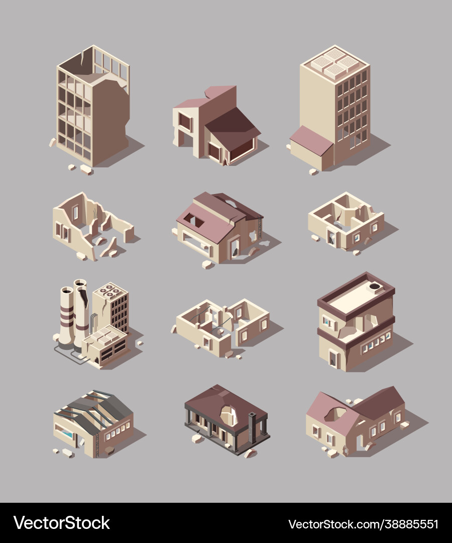 Destroyed buildings damaged urban isometric Vector Image