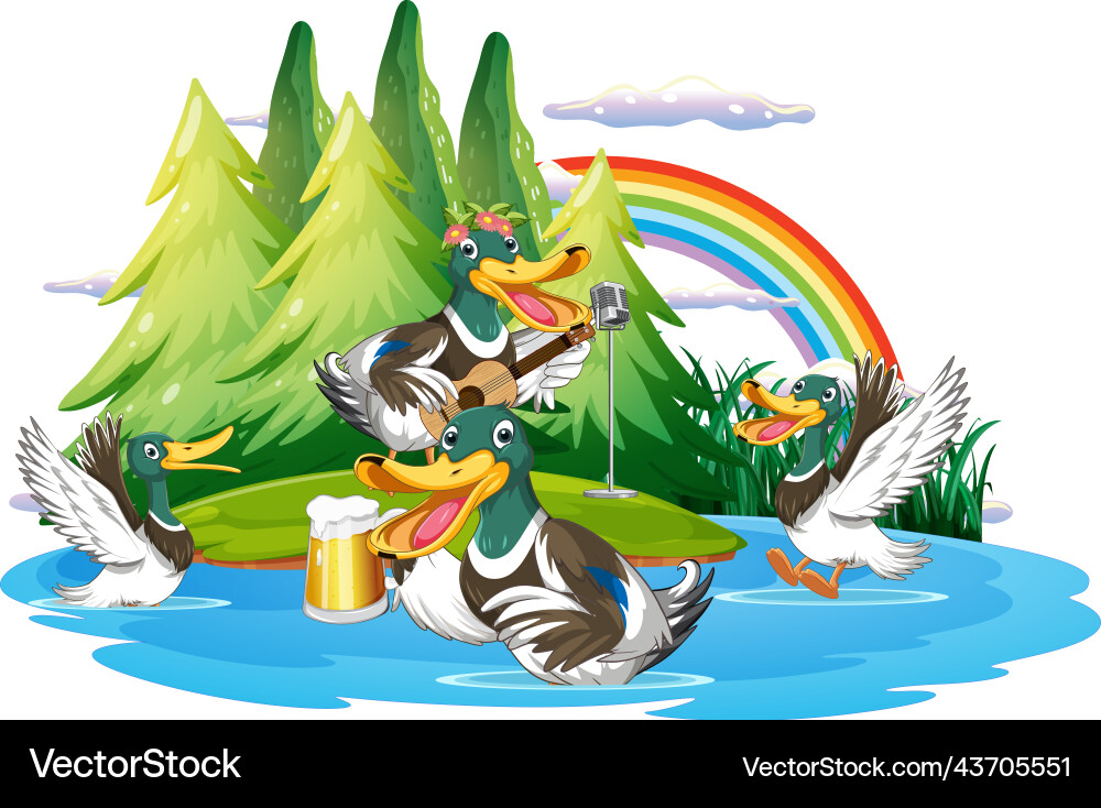 Happy duck group in nature scene Royalty Free Vector Image