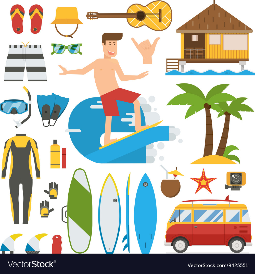 Surfing time elements set Royalty Free Vector Image