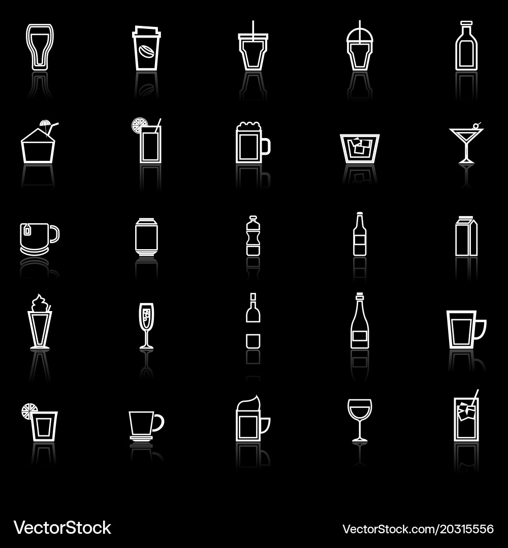 Beverage line icons with reflect on black Vector Image