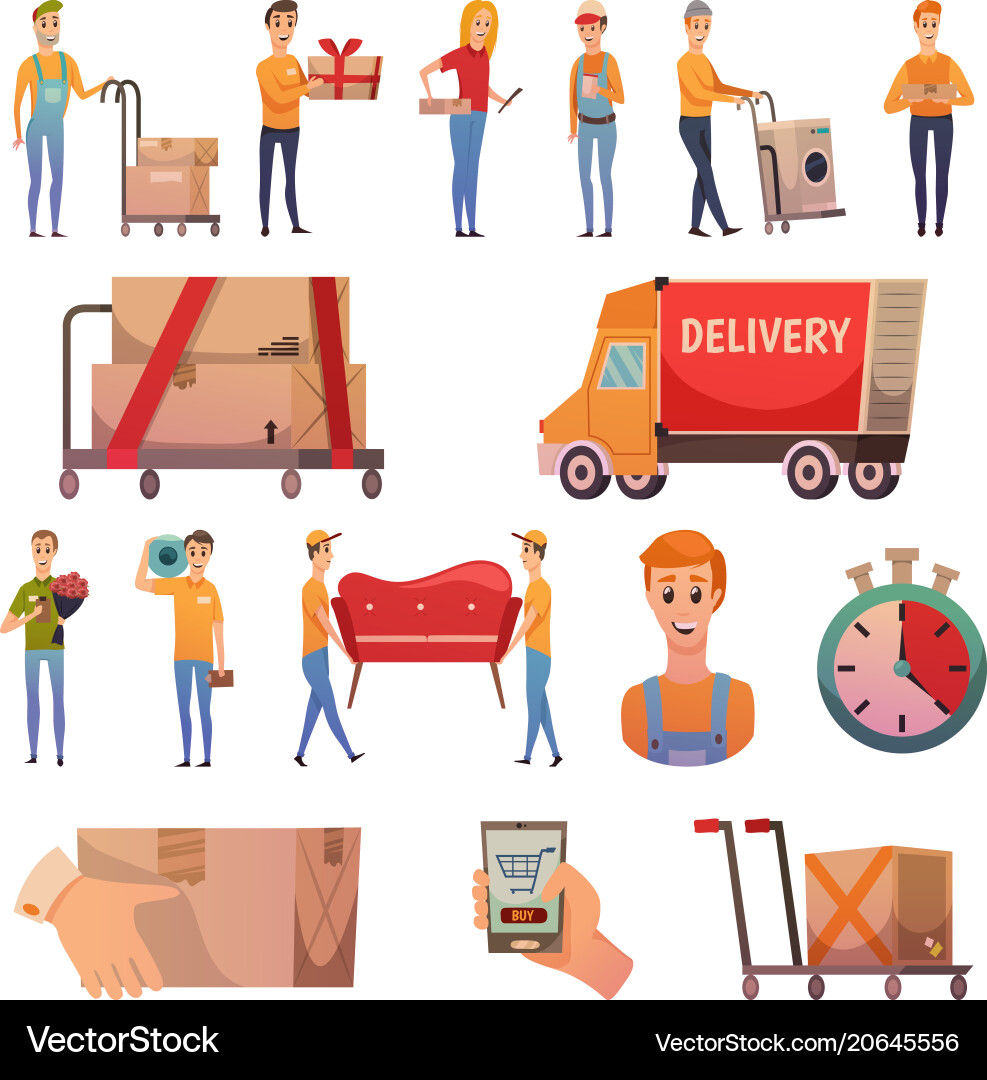 Courier delivery orthogonal icons set Royalty Free Vector