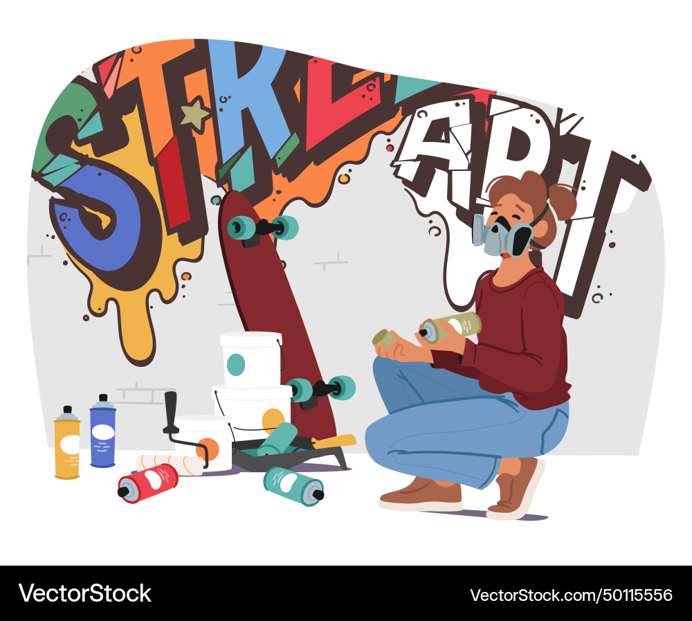 Graffiti artist girl wields spray paint adding Vector Image
