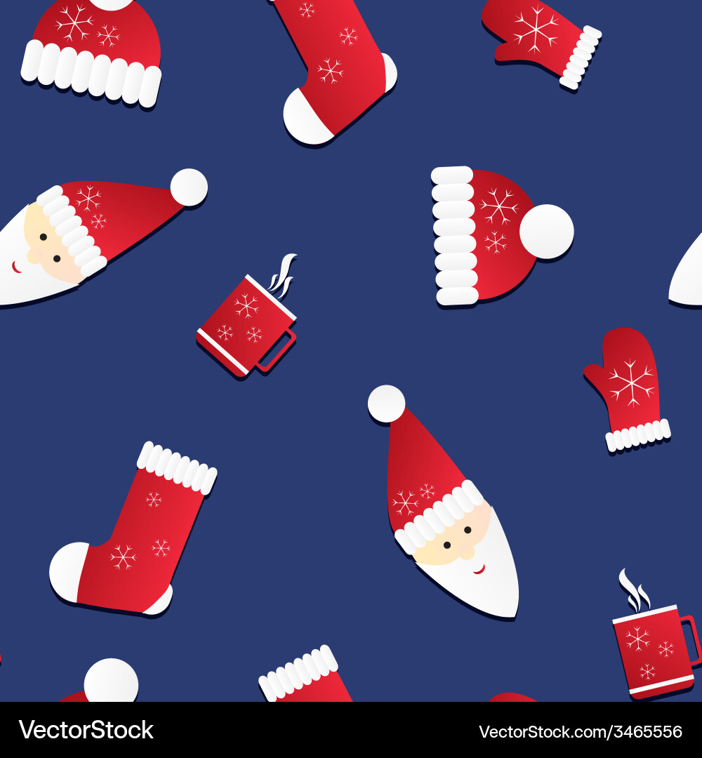Seamless texture with santa and red caps mittens Vector Image