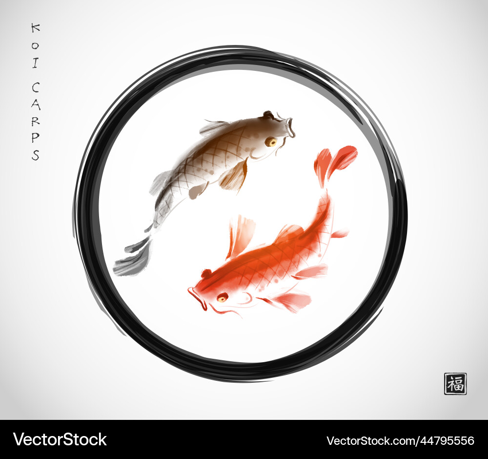 Two koi carps in black enso zen circle Royalty Free Vector