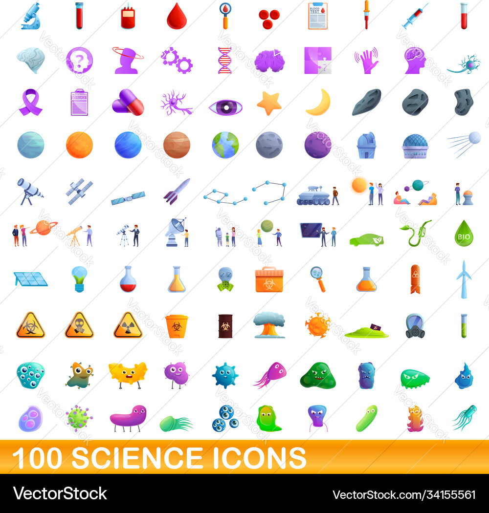 100 science icons set cartoon style Royalty Free Vector