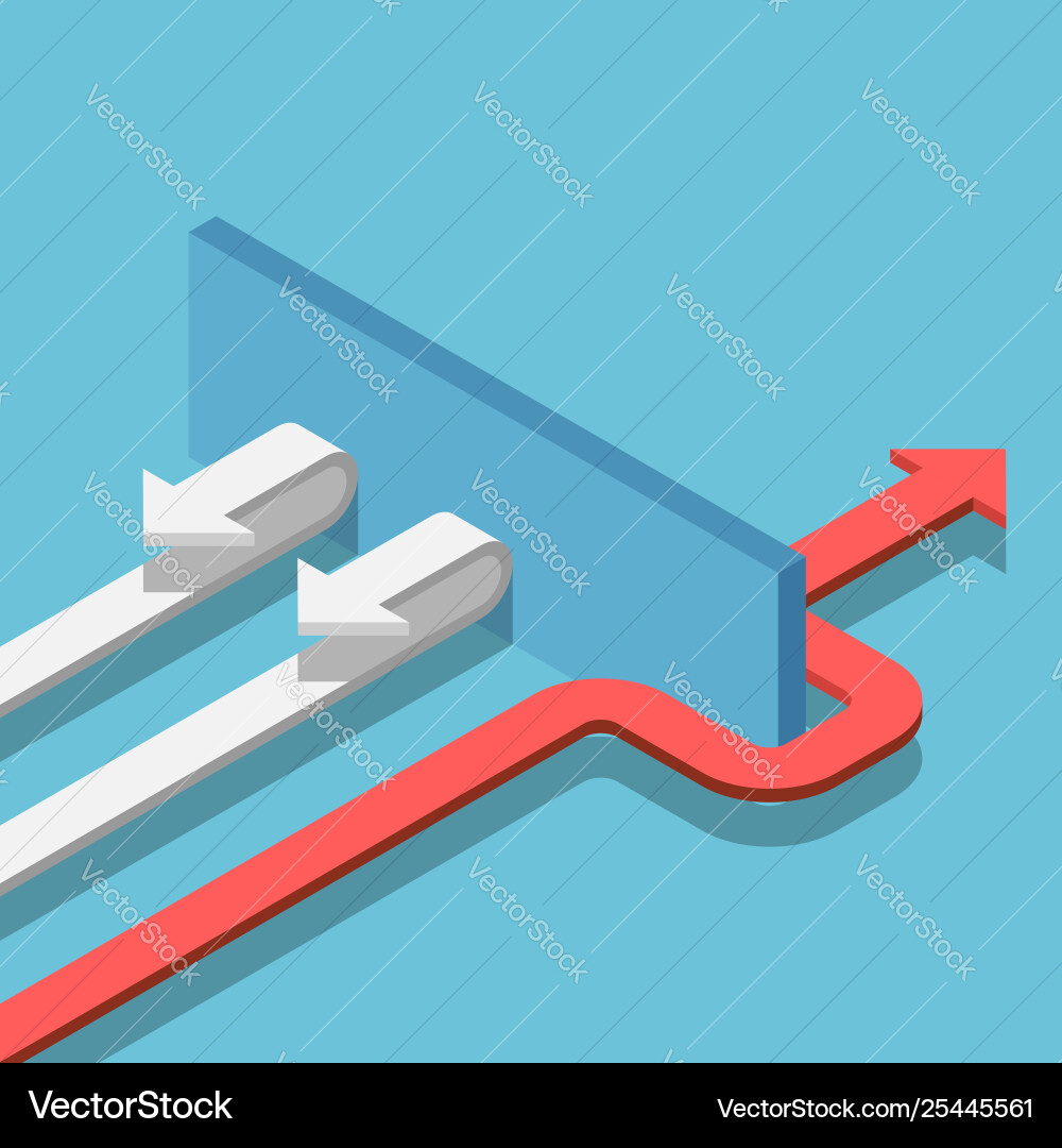 Isometric red arrow find way to pass wall Vector Image