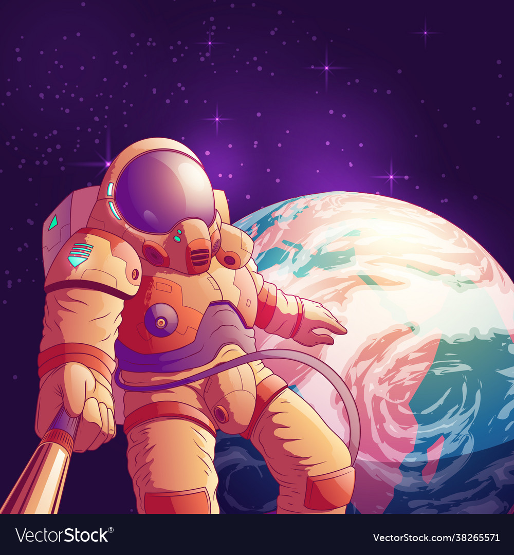 Astronaut making selfie in outer space Royalty Free Vector
